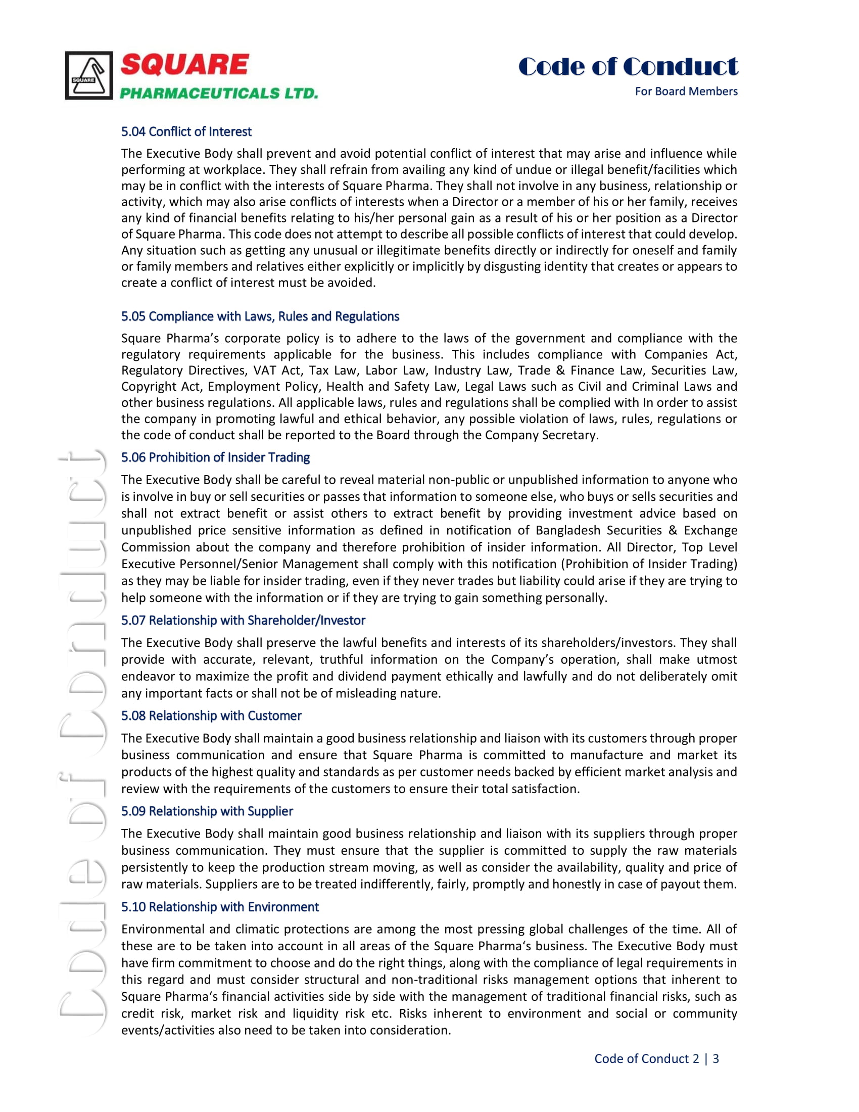 Directors Code of Conduct | Square Pharmaceuticals PLC.